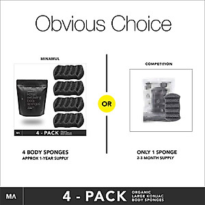 Minamul Konjac Exfoliating Organic Body Sponge | Gentle Daily Body face Scrub/Skincare | Infused with Best Bamboo Activated Charcoal | Safe for Oily, Dry, Combination or Sensitive Skin | 4 Pack Set