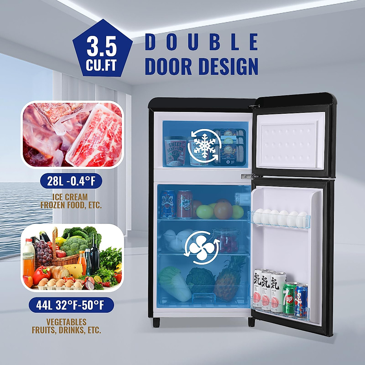 WANAI Mini Fridge Dual Door Refrigerator with Freezer, Compact Refrigerator with Adjustable Temperature & Removable Glass Shelves, Fridge for Apartment/Dorm/Office/Kitchen, Energy Saving, BLACK