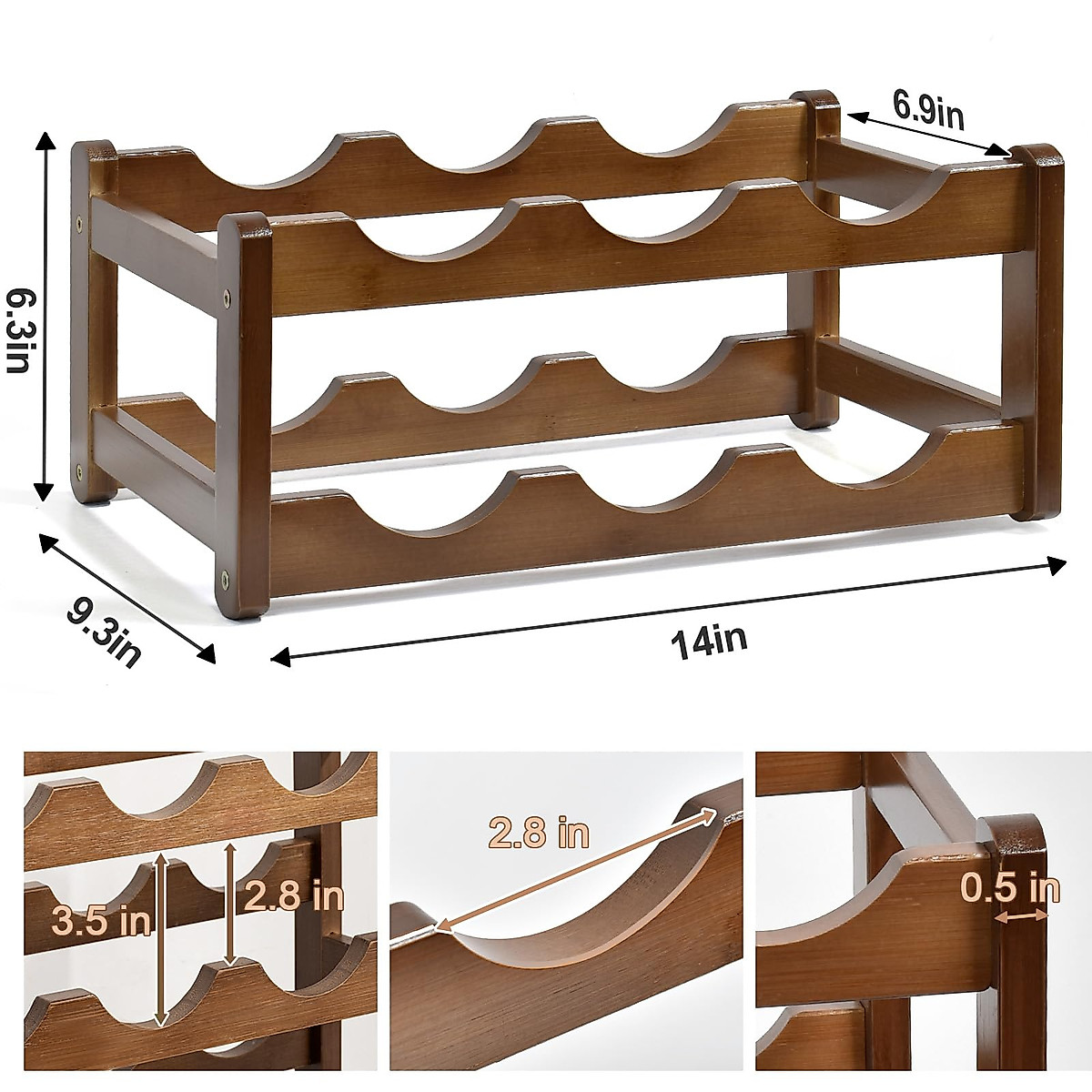 MYITYARD Wine Rack, 2-Tier 6 Bottles Bamboo Wine Cabinet for Countertop, Free Standing Wine Bottle Storage Holder for Home Kitchen Bar Table Top Cellar Basement Pantry, Brown