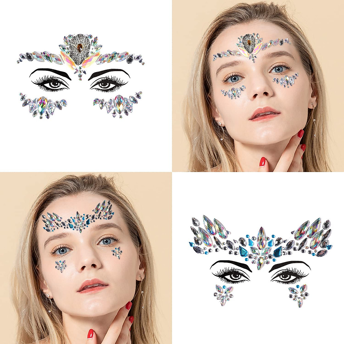 Face Gems, 6 Sheets Mermaid Face Jewels for Makeup Rave Festival Halloween Stick on Face Body Self Adhesive Rhinestone Gemstones Stickers