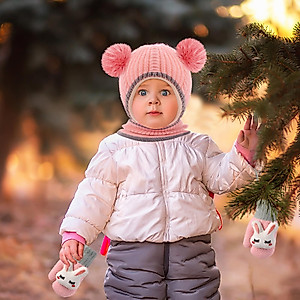 Baby Winter Hat Scarf Set with 2 Pack Mittens, Baby Winter Hat Set, Toddler Winter Hat with Neck Warmer, Fleece Lined Girls Boys Infant Winter Hat Set, Kids Winter Hat Scarf Earflap Hood Skull Caps