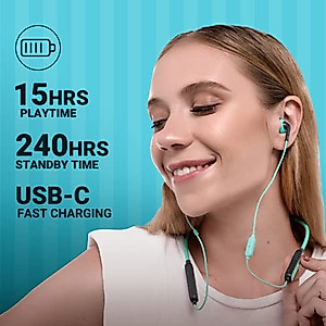 233621 Wave Bluetooth Neckband Headphones, 15 Hrs Playtime Stereo Wireless Earbuds with CVC 8.0 Call Noise Cancellation Microphone, 10.7 mm Drivers, IPX5 ​Waterproof & Skin-Friendly (Lime Coral)