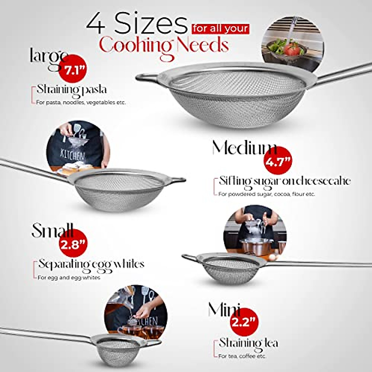 Kitchenitte Set of 4 Fine Mesh Strainer - Sieve Fine Mesh Stainless Steel Strainers - 2.2", 2.8", 4.7", and 7.1" Sizes - Ultra Durable Sieve, Kitchen Strainer Set for Sifting, Straining, Draining