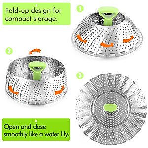 Consevisen Vegetable Steamer Basket for Cooking Food, Stainless Steel Veggie Steam Basket for Pot, Folding Expandable Steaming Insert with Extendable Handle Fits Various Size Pot, 6.4" to 10"