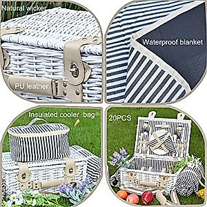 20Pcs Willow Picnic Basket for 2 with Waterproof Blanket/Insulated Cooler/Wine Bag/Cutlery for Camping,Couples,Valentine Day, Wedding Gift