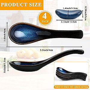 Supkiir 4Pcs Asian Soup Spoon Set, Ceramic Retro Blue Japanese Ramen Spoons with 4pcs Spoon Rest, Long Handle Chinese Soup Spoons Non-Slip Porcelain Spoon for Cereal Stews Ramen Wonton Dumpling Miso