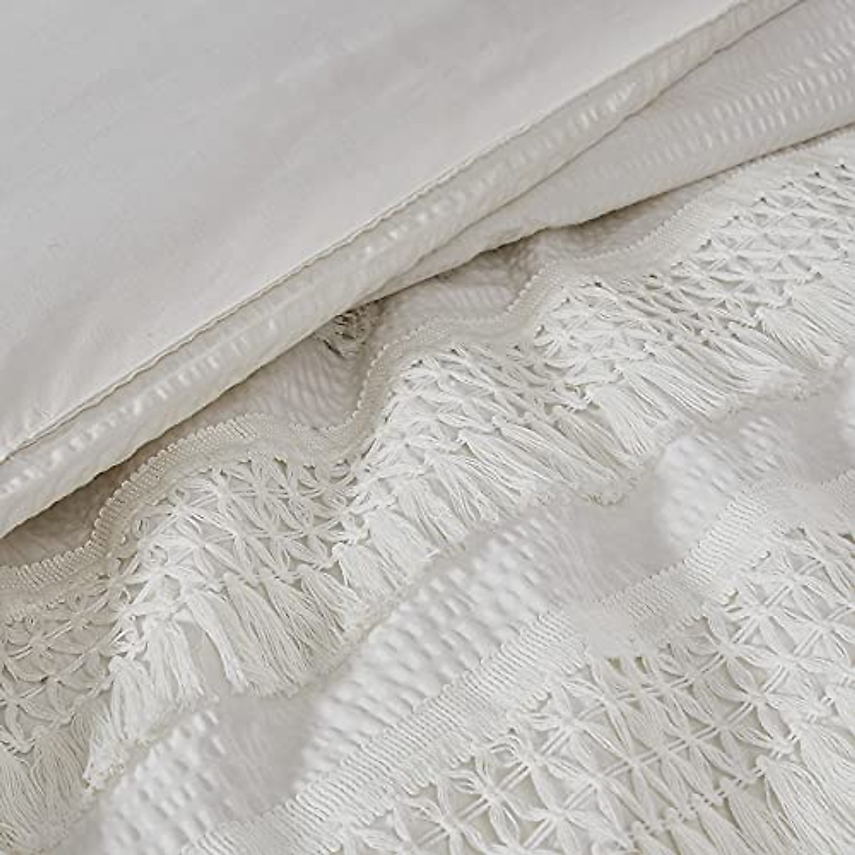 Madison Park Amaya 100% Cotton Duvet Set - Seersucker Design with Tassel Trims Accent, Breathable Cover for Comforter, All Season Bedding with Matching Sham, Full/Queen(90"x90") Ivory 3 Piece
