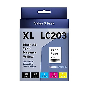 INKjetsclub Brother LC203 High Yield Ink Cartridge Ink Cartridge Replacement 5 Pack Value Pack. Includes 2 Black, 1 Cyan, 1 Magenta and 1 Yellow Compatible Ink Cartridges