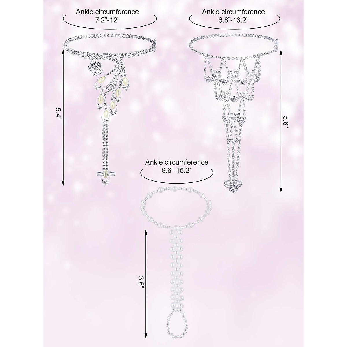 Hicarer 6 Pieces Foot Jewelry Barefoot Sandals for Women Rhinestone Anklets Bohemian Foot Chain for Beach Wedding Valentine's Day