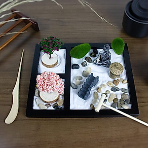 KVMORZE Zen Garden Kit, Japanese Zen Garden with White Sand, 2 Tools, 8 Zen Accessories, Tabletop Meditation Zen Garden for Home, Office, Yoga Decor, Gifts for Relaxation and Meditation, 8.5x6.9in