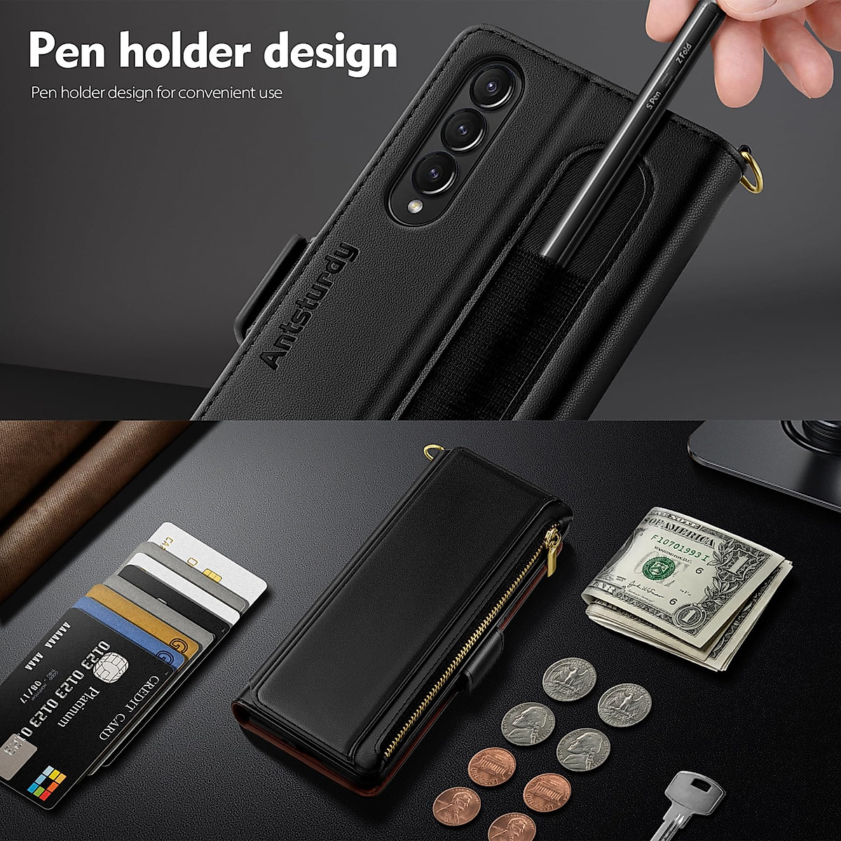 Antsturdy Compatible with Samsung Galaxy Z Fold 3 5G Case Wallet Women with【S Pen Holder】 Phone Case with Card Holder Strap PU Leather RFID Blocking Flip Folio Cover Credit Slots Men,Black