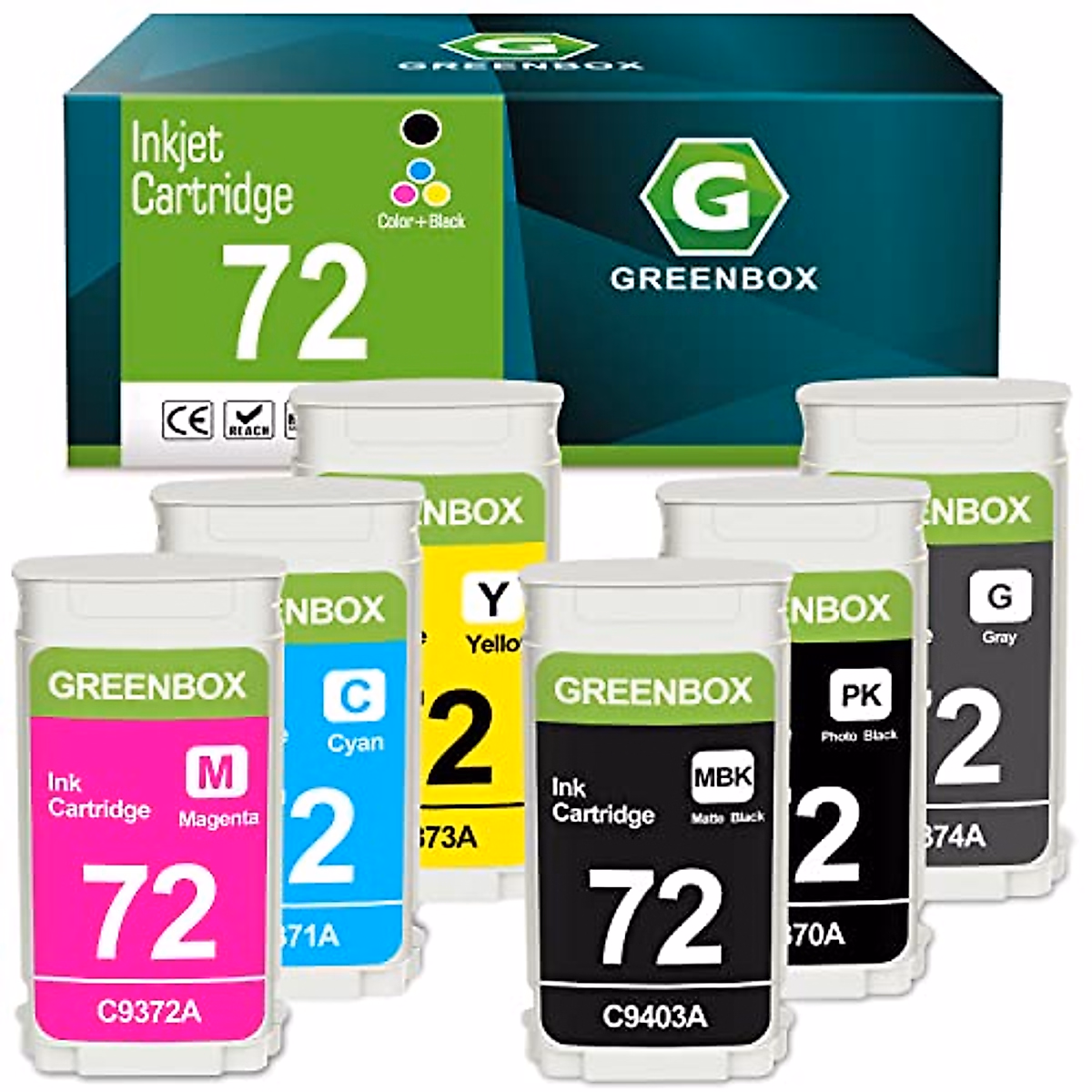 GREENBOX Compatible 72 Ink Cartridges Replacement for HP 72 130-ml C9403A C9370A C9371A C9372A C9373A C9374A for DesignJet T770 T790 T795 T610 T620 T1100 T1120 T1200 T1300 T2300 (130-ml, 6-Pack)