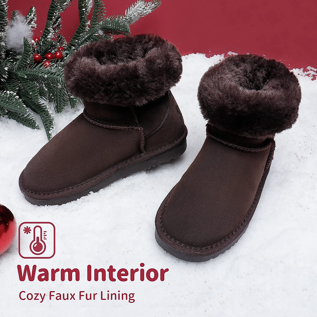 DREAM PAIRS Girls Boys Boots Kids Faux Fur Lined Winter Mid Calf Snow Boots Shorty-K Brown Size 2 Little Kid