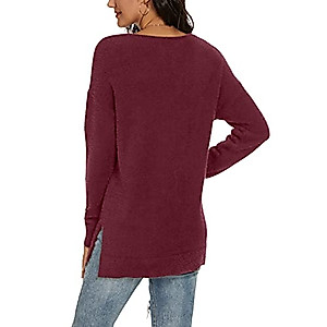 QIXING Women's Casual V-Neck Long Sleeves Side Split Loose Fit Fuzzy Knit Pullover Sweater Tops Wine Red-Small