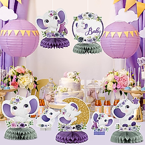 12Pcs Purple Floral Elephant Honeycomb Centerpieces It's a Girl Baby Shower Party Table Decorations Gender Reveal Little Peanut Cutout Welcome Baby Party Table Toppers Photo Props Decor for Baby Girls