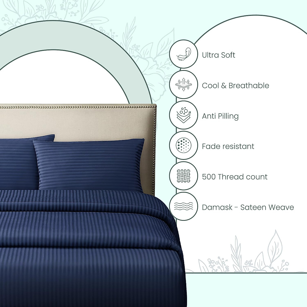 Feather & Stitch 500 TC Twin Size Damask Bed Sheet Set, 100% Cotton Soft Breathable Bedsheets, 3 Piece 18" Deep Pockets Sateen Weave Striped Bedding Mattress Resort Hotel Luxury- (Dark Blue, Twin)