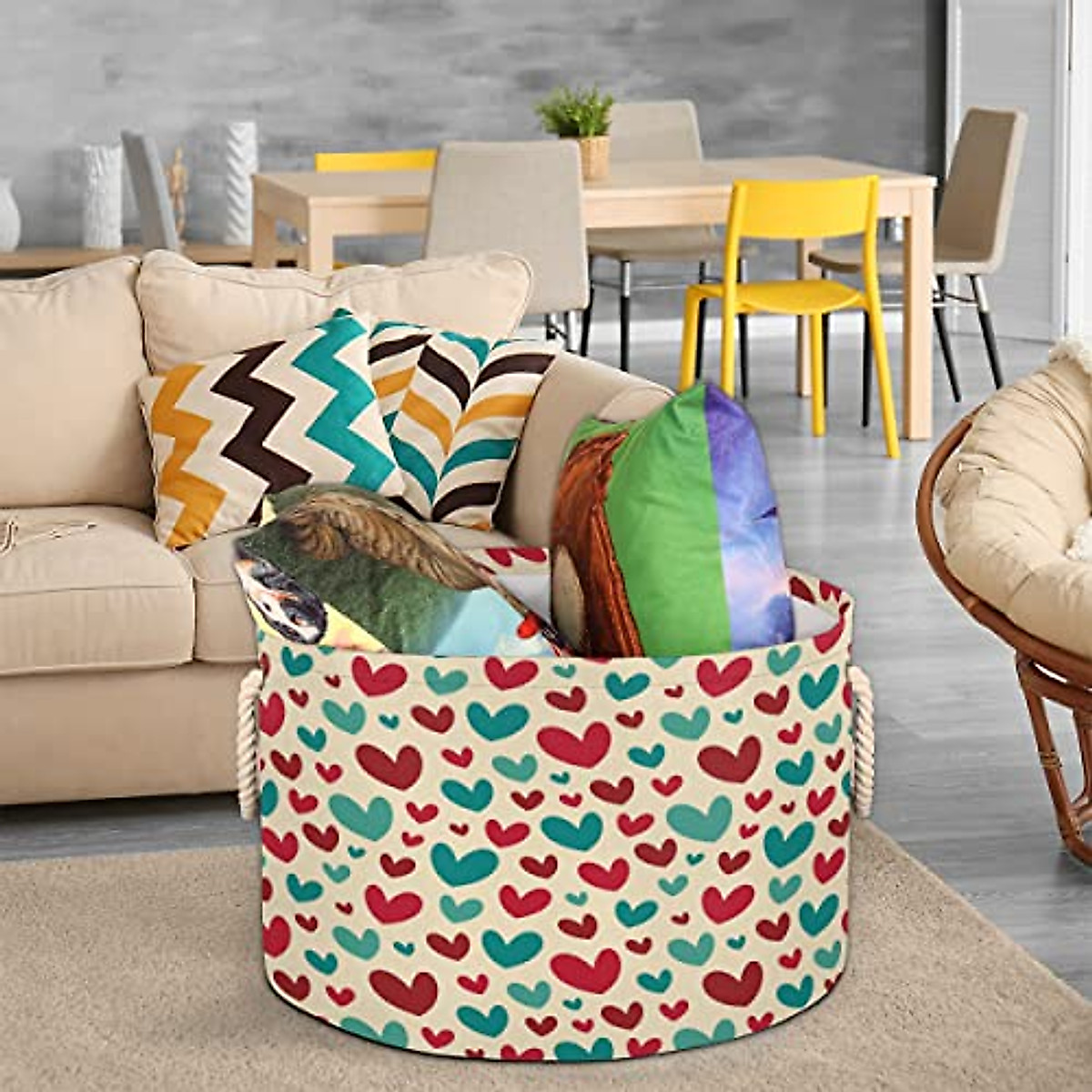 Cute Hearts Large Round Baskets for Storage Laundry Baskets with Handles Blanket Storage Basket for Bathroom Shelves Bins for Organizing Nursery Hamper Girl Boy