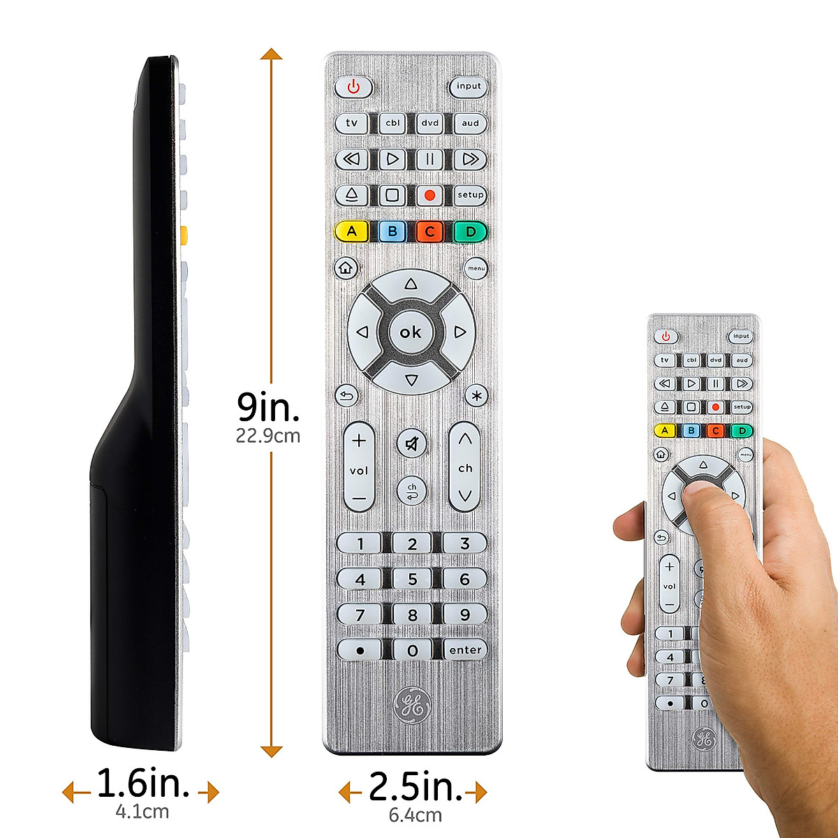 GE Backlit Buttons Universal Remote Control, Samsung TV Remote Control Replacement, Samsung Remote Control for Smart TV, Roku Remote Replacement, Vizio, LG TV, Sony, Apple TV, 4-Device, Silver, 48844