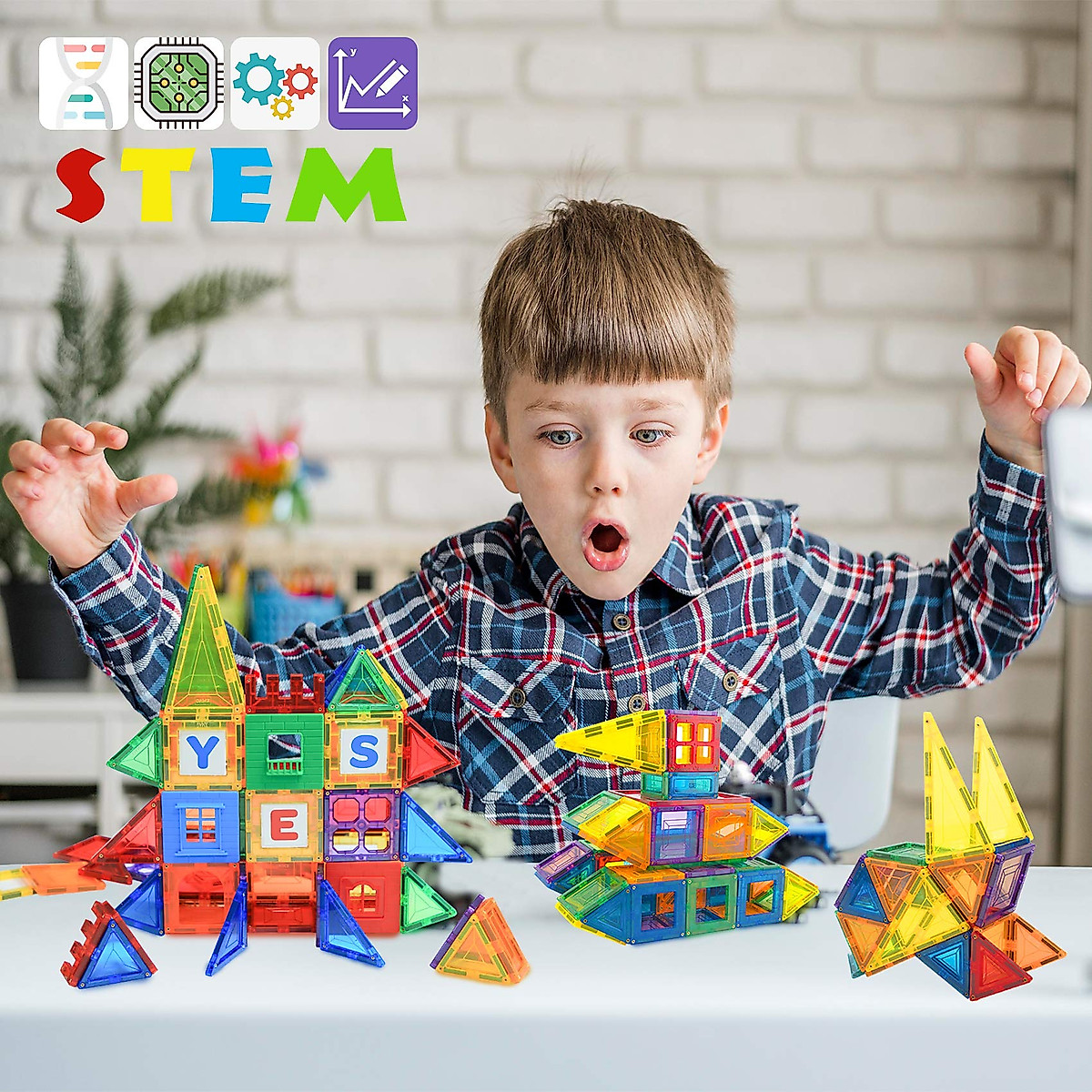 JUMAGA 3D Magnetic Tiles and Stack Building Toys 108pcs Magnet Blocks Set with Alphabet Card STEM Educational Preschool Birthday Gifts for Toddlers Kids Age 3+