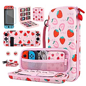 GLDRAM Pink Strawberry Carrying Case Bundle for Nintendo Switch Accessories, Cute Travel Case Kit with Soft TPU Cover, Game Case, Glass Screen Protector, Thumb Grip Caps, Shoulder Strap for Girls