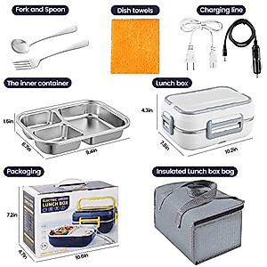 EinNana Electric Lunch Box Food Warmer for Office、Car Truck Hot Meals Boxes Heater. 60W/12/24/110V. 1.5L 3 in1 Portable Food Heating Lunch Boxes with Spoon & Fork and Thermal Bag(White)