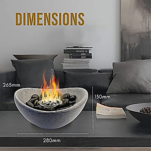 Concrete Table Top Fire Bowl, Ventless Outdoor Portable Bio Ethanol Fire Pit, Round Table Fireplace, Lightweight, For Outdoor Backyard Terrace Patio Includes 1 Canister and 500g Decorative Glass Beads