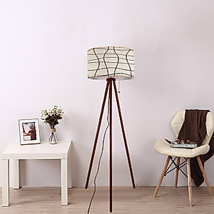 Wood Tripod Floor Lamp Abstract Seamless Black Curved Lines a White Image Modern Standing Lamp Linen Lampshade Dimmable Tall Lamp Mid Century Floor Lamp for Living Room Bedroom