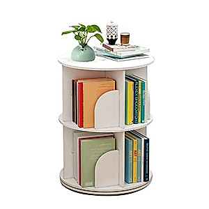 CNCEST 2 Layers 360° Rotating Bookshelves, Open Bookcase Freestanding Storage Shelf Nordic Style Bookshelf Organizer Storage Shelves Shelf Capacity 100k Place Books Small Potted Decorations (White)