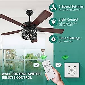 YITAHOME Ceiling Fans with Light and Wall Switch Remote, 52 Inch Modern Farmhouse Outdoor Fan with 2 Bulbs, Clear Crystal Glass, Quiet Reversible Motor, for Bedroom Patio Indoor, Black & Walnut