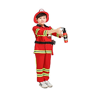 yolsun Fireman Costume for Kids, Boys' and Girls' Firefighter Dress up, Fire Fighter with Toy Accessories Set Halloween Role Play(Red,4-5 Years)