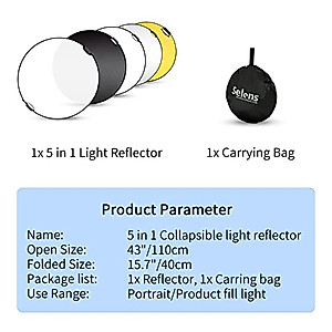 Selens 43 Inch (110cm) Photography Reflector, Collapsible Light Reflector with Carrying Case, 5 in 1 Reflector for Photography Photo Studio Lighting -Translucent, Silver, Gold, White and Black