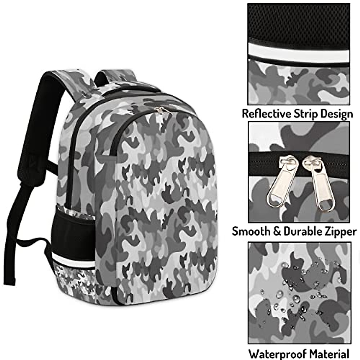 TropicalLife Camo Grey Camouflage Backpacks Bookbag Stationery Storage backpack Shoulder School Computer Hiking Gym Travel Casual Travel Daypack