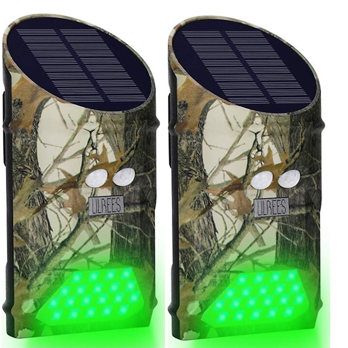 LILBEES Solar Powered Hog Feeder Light with Motion Sensor for Hog,Deer Feeder,Predator Coyote Pig Varmint,Campact Camouflage Design for Out Door Hunting with Green Lights(G300)(Pack of 2)