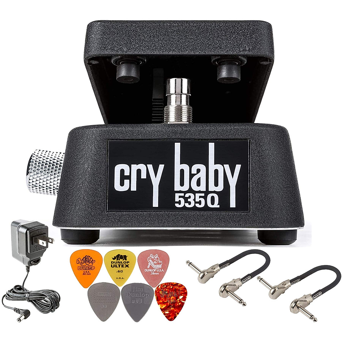 Dunlop 535Q Cry Baby Multi-Wah Pedal Bundle with 2 MXR Patch Cables, Dunlop ECB003 Power Supply, and 6 Assorted Dunlop Picks