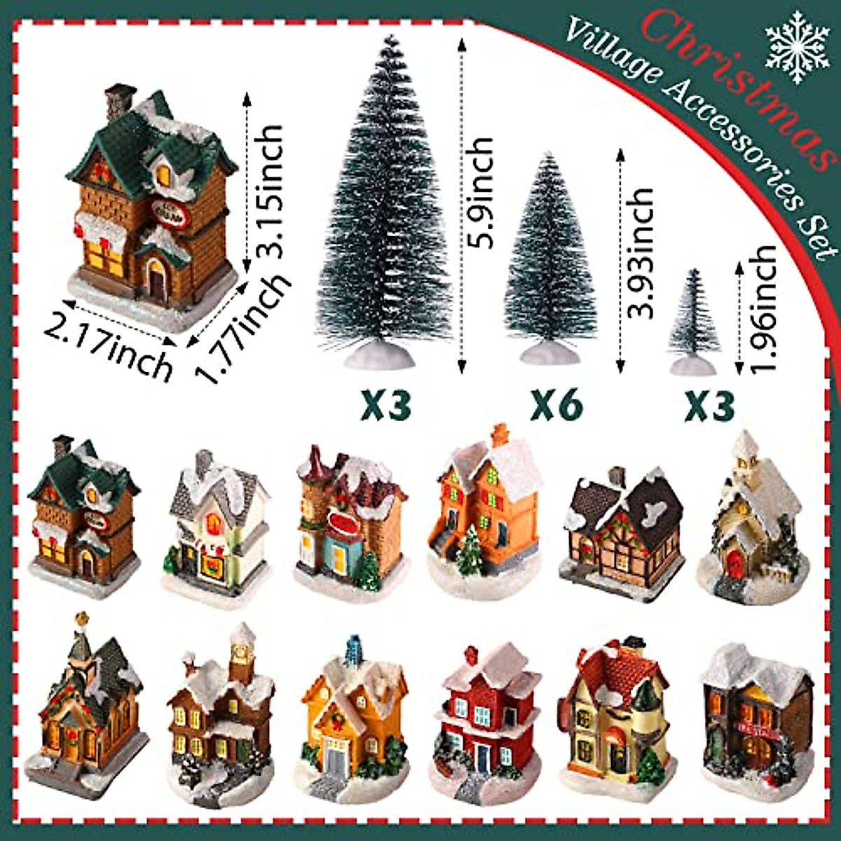 Kajaia 12 Pieces Christmas Winter Houses Village with 12 Pieces Trees Lamp LED Lights Christmas Winter Village Town Buildings Accessories for Thanksgiving Halloween Village Figurine Desktop Decor