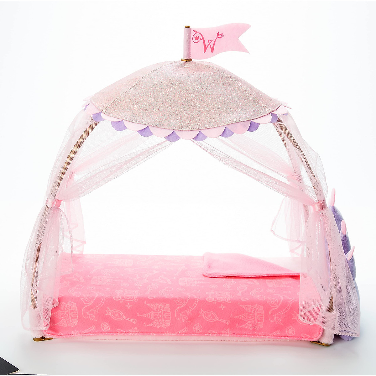 American Girl WellieWishers 14.5-inch Doll Royal Canopy Bed Playset with Mesh Drapes, Flag, and Blanket, For Ages 4+