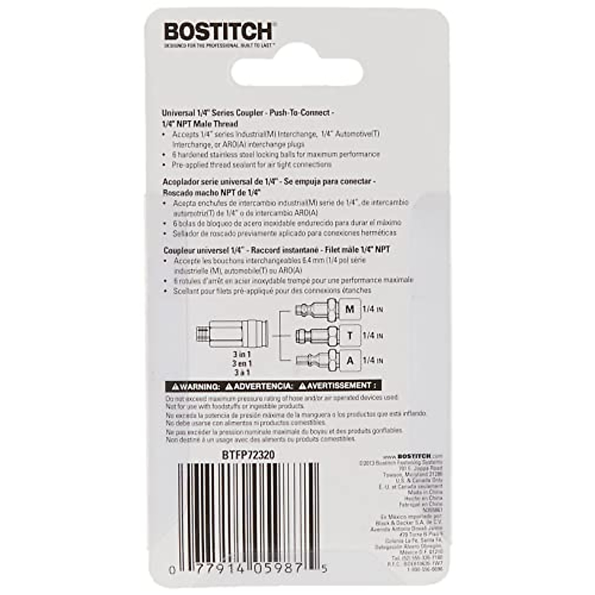 Bostitch BTFP72320 Universal 1/4-Inch Series Coupler - Push-To-Connect - 1/4-Inch NPT Male Thread