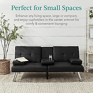 Best Choice Products Faux Leather Upholstered Modern Convertible Folding Futon Sofa Bed for Compact Living Space, Apartment, Dorm, Bonus Room w/Removable Armrests, Metal Legs, 2 Cupholders - Black