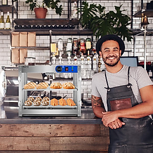 ROVSUN Food Warmer Display Pizza Warmer, Commercial Countertop Food Warmer Electric with Removable Shelves LED Lighting Glass Door, Pastry Display Case for Restaurant Buffet 800W (2 Tiers)