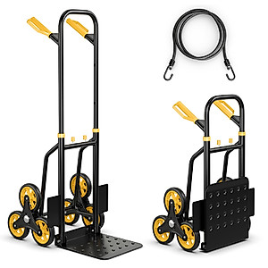 Goplus Stair Climbing Hand Truck, Folding Height Adjustable Dolly with 350 LBS Capacity, Elastic Rope, Telescoping Handle, 6 Rubber Wheels, 12” x 11.5” Nose Plate, 2-in-1 Heavy Duty Hand Cart
