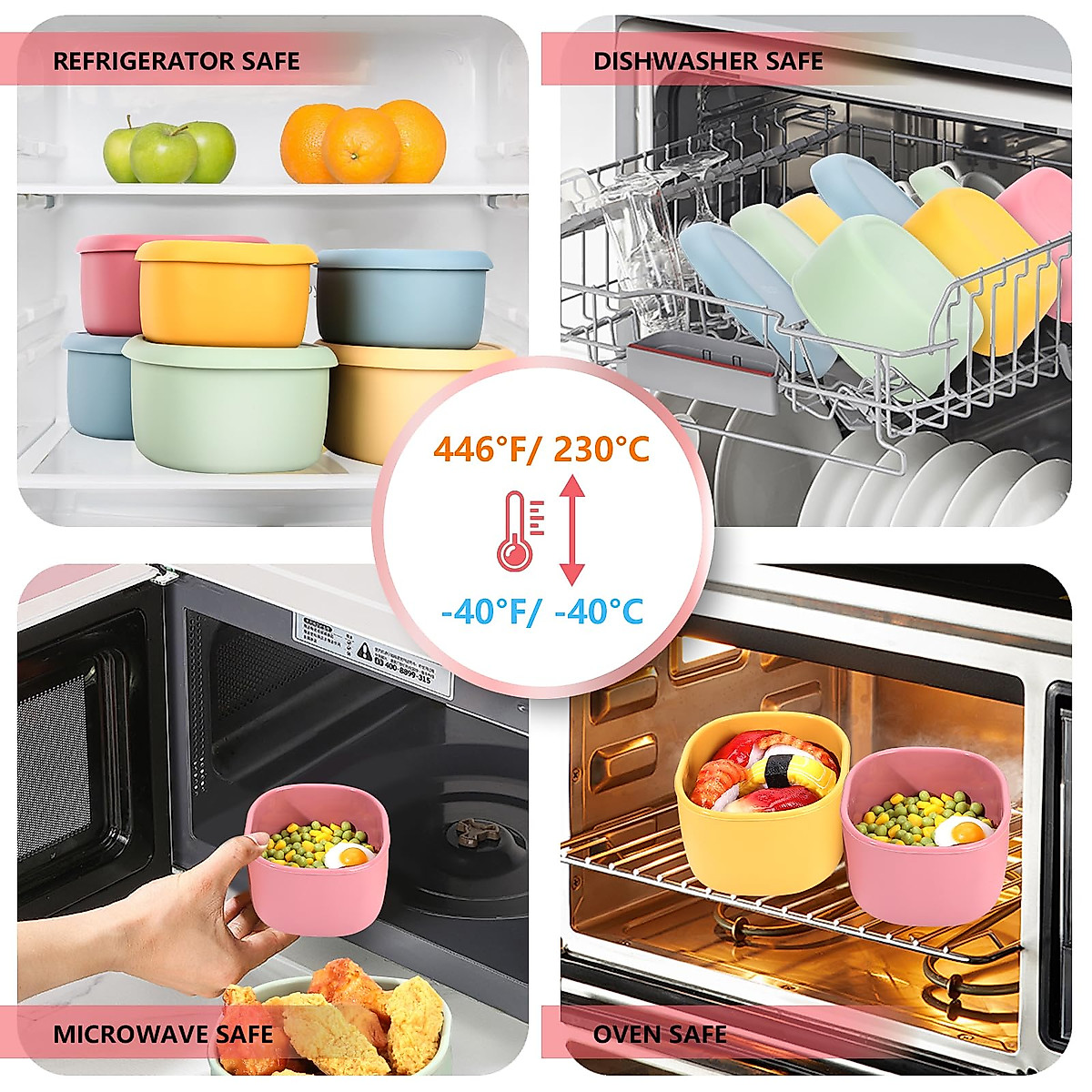 AOEDEO 4Pcs Silicone Food Storage Containers with Lids，BPA Free Reusable Silicone Storage Containers for Food Silicone Freezer Containers Freezer Dishwasher Safe (33.8oz, 20oz, 10oz, 6.7oz) (pink)