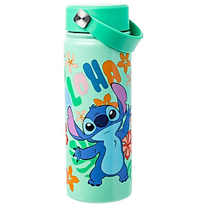 Silver Buffalo Disney Lilo and Stitch “Aloha” Stainless Steel Water Bottle with Swivel Handle Featuring Stitch, 20 Ounces