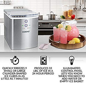 Igloo Electric Countertop Ice Maker Machine - Automatic and Portable - 33 Pounds in 24 Hours - Ice Cube Maker - Ice Scoop and Basket - Ideal for Iced Coffee and Cocktails - Stainless Steel