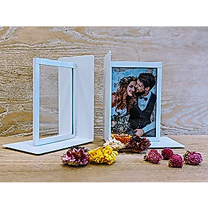 MODBRANDS Premium Bookends Set with Photo Frames. Non-Skid, Sturdy Metal with Acrylic Photo Protection (Extra acrylics Included), 6.75 x 5.5 x 4 in, 1 Pair (Set of 2), White