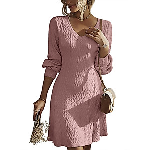 Dokotoo Spring Dresses for Women 2025 Trendy Wear to Work Dresses Business Casual Outfits Spring Long Sleeve Dress V Neck Knit Ribbed A Line Sweater Dres Womens Dresses Wedding Gusest Dresses Pink M