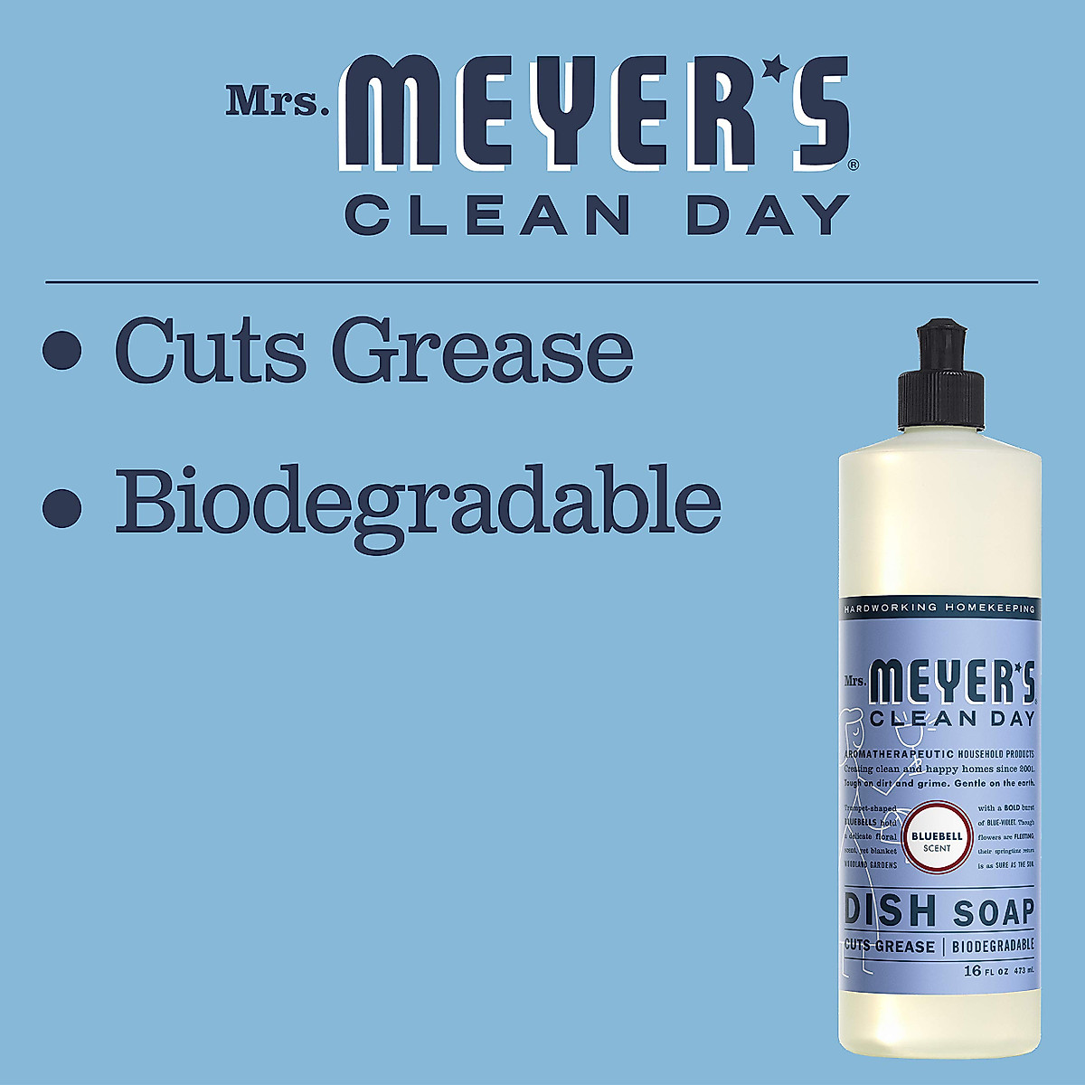 MRS. MEYER'S CLEAN DAY Liquid Dish Soap, Biodegradable Formula, Bluebell, 16 fl. oz - Pack of 3