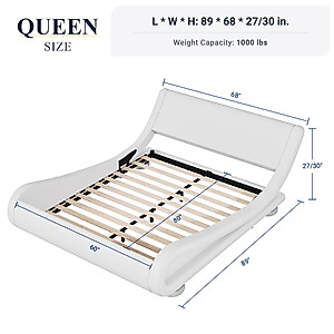Allewie Queen Size Upholstered Platform Bed Frame with Ergonomic & Adjustable Headboard, Modern Low Profile Sleigh Design - Easy Assembly, No Box Spring Needed, White