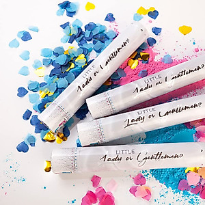 Gender Reveal Confetti Cannon Bulk - Set of 4 - Biodegradable Gender Reveal Powder Cannon and Heart Shaped Blue & Pink Confetti Cannons | Gender Reveal Ideas, Boy or Girl Gender Reveal Poppers and Smoke Gender Reveal Cannons | Gender Reveal Smoke Bombs an