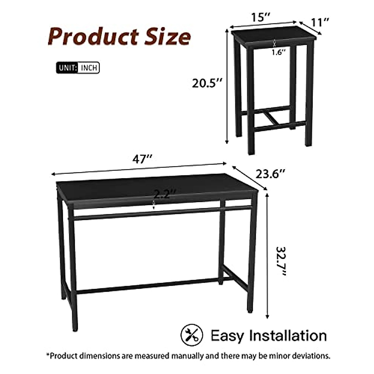 MIERES 4, Counter Height Table & Stools, Bar Chairs, Kitchen Dining Table Set for Breakfast Nook, Small Space Living Room, Black
