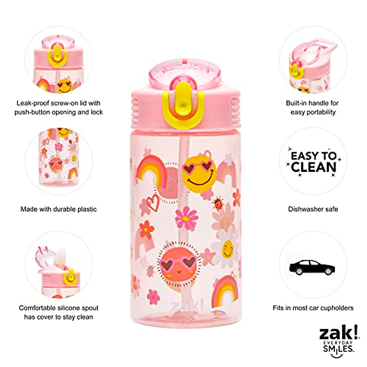 Zak Designs Kids Water Bottle For School or Travel, 16oz Durable Plastic Water Bottle With Straw, Handle, and Leak-Proof, Pop-Up Spout Cover (Sunny Smiles)